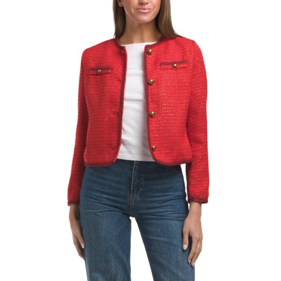 ecru | Jackets & Coats | Ecru Red Braided Trim Tweed Jacket | Poshmark